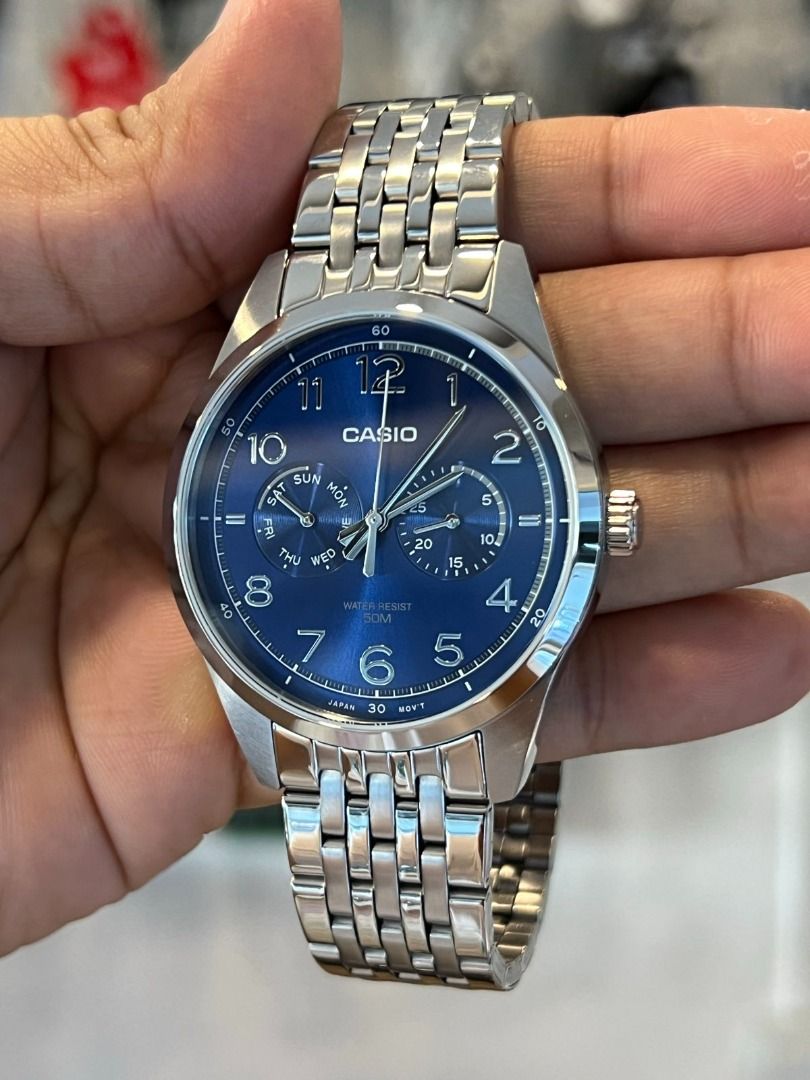 ORIGINAL CASIO Analog Blue Dial Stainless Steel Men's Watch MTP-E340D-2AV, Men's Fashion ...