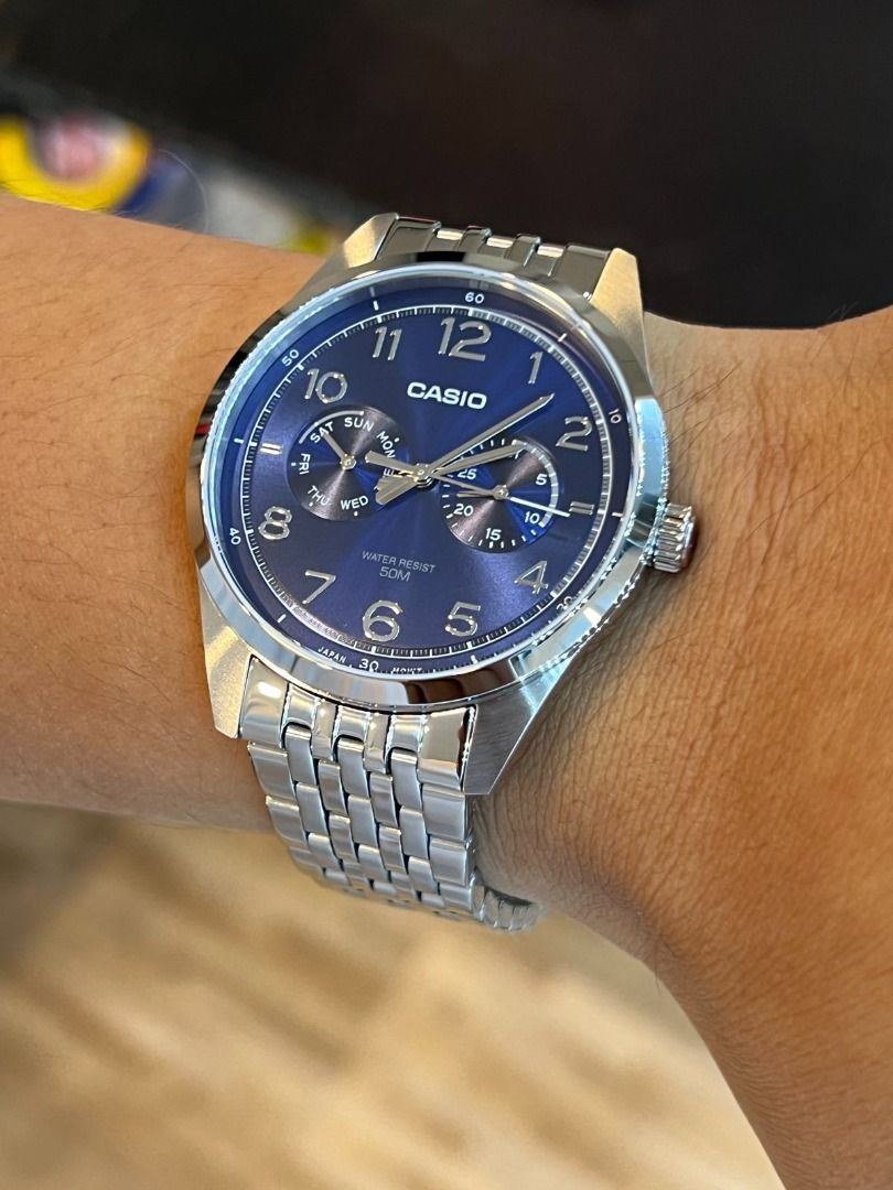 ORIGINAL CASIO Analog Blue Dial Stainless Steel Men's Watch MTP-E340D-2AV, Men's Fashion ...