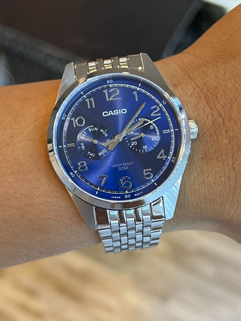 ORIGINAL CASIO Analog Blue Dial Stainless Steel Men's Watch MTP-E340D-2AV, Men's Fashion ...