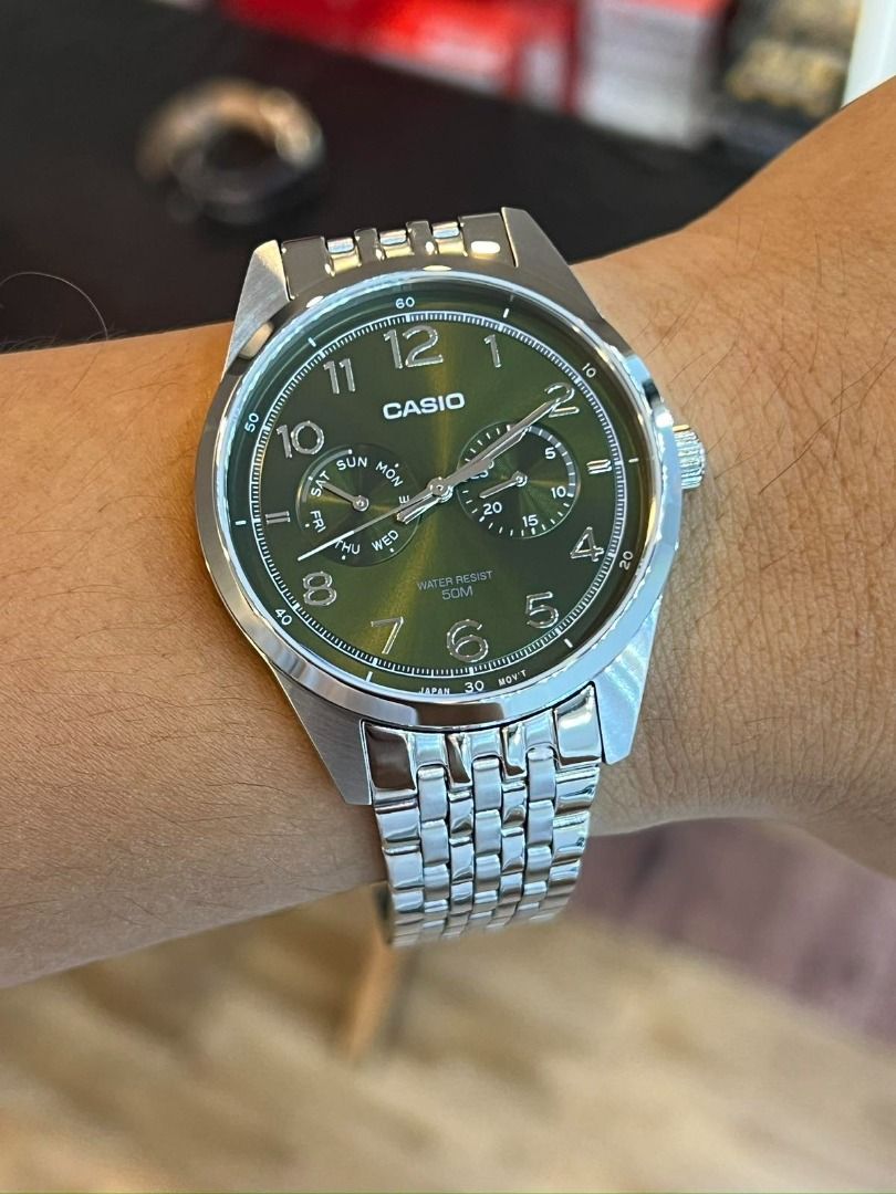 ORIGINAL CASIO Analog Green Dial Stainless Steel Men's Watch MTP-E340D-3AV, Men's Fashion ...