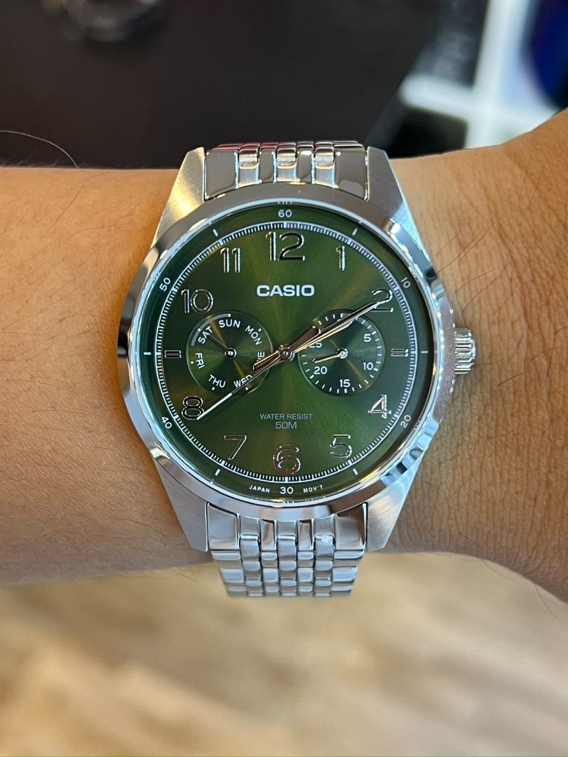 ORIGINAL CASIO Analog Green Dial Stainless Steel Men's Watch MTP-E340D-3AV, Men's Fashion ...