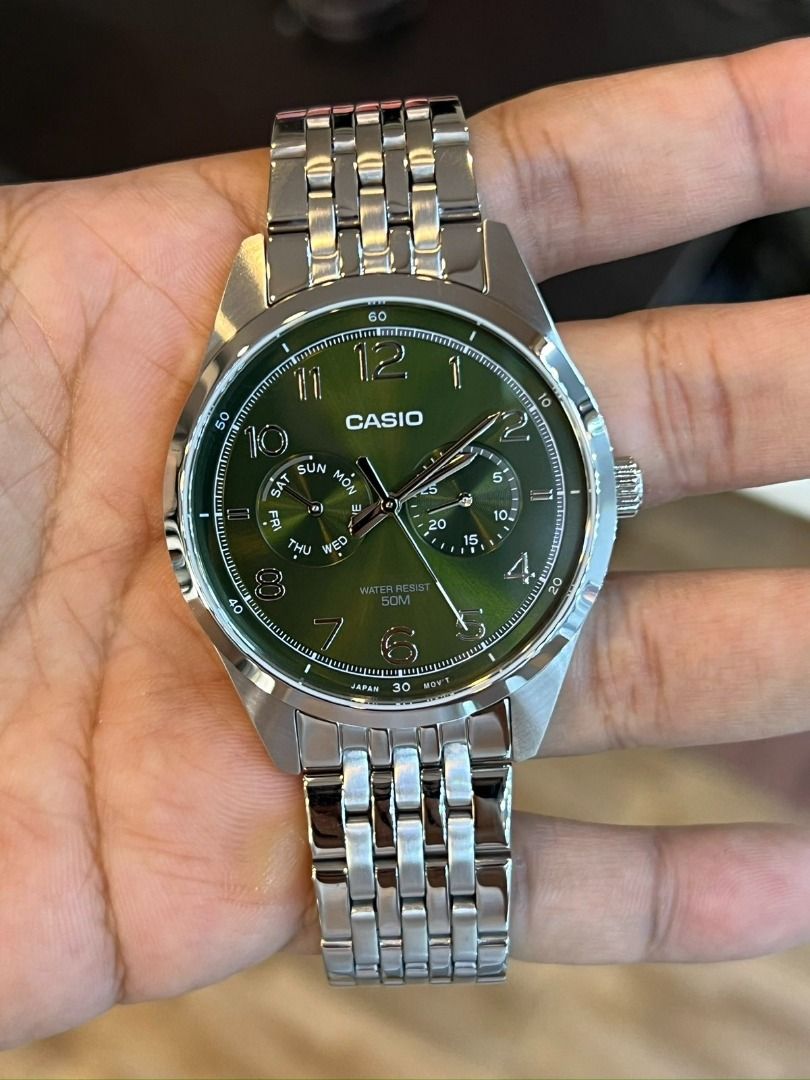 ORIGINAL CASIO Analog Green Dial Stainless Steel Men's Watch MTP-E340D-3AV, Men's Fashion ...