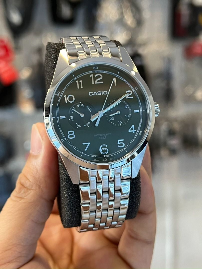 ORIGINAL CASIO Analog Green Dial Stainless Steel Men's Watch MTP-E340D-3AV, Men's Fashion ...