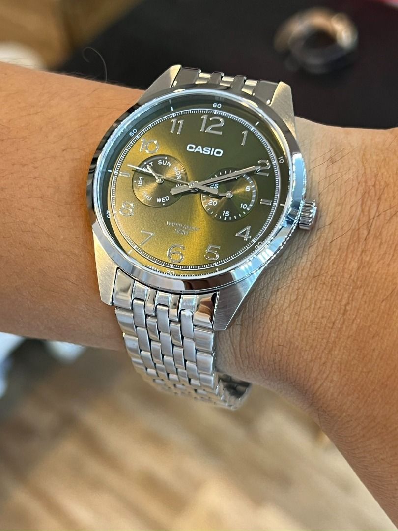ORIGINAL CASIO Analog Green Dial Stainless Steel Men's Watch MTP-E340D-3AV, Men's Fashion ...