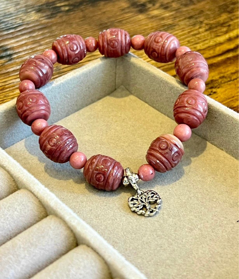 Pink Petrified Jasper Wood Barrel Cut with S925 Tree of Life Charm, Women's Fashion, Jewelry ...