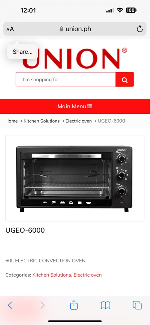 UNION 60 liter invection oven UEGO 6000, TV & Home Appliances, Kitchen ...