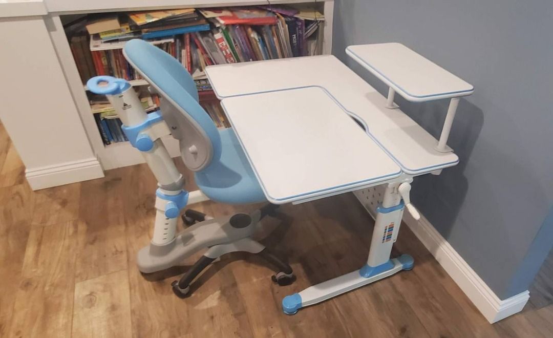 USED ApexDesk Little Soleil DX 43 Children s Height Adjustable Study Desk w Integrated Shelf Drawer Desk Chair set