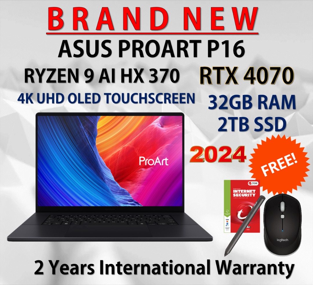 2024 ASUS PROART P16 ( RYZEN 9 AI HX 370, RTX 4070, 32GB DDR5 RAM, 2TB SSD, 16 inch 4K UHD (3840 ...