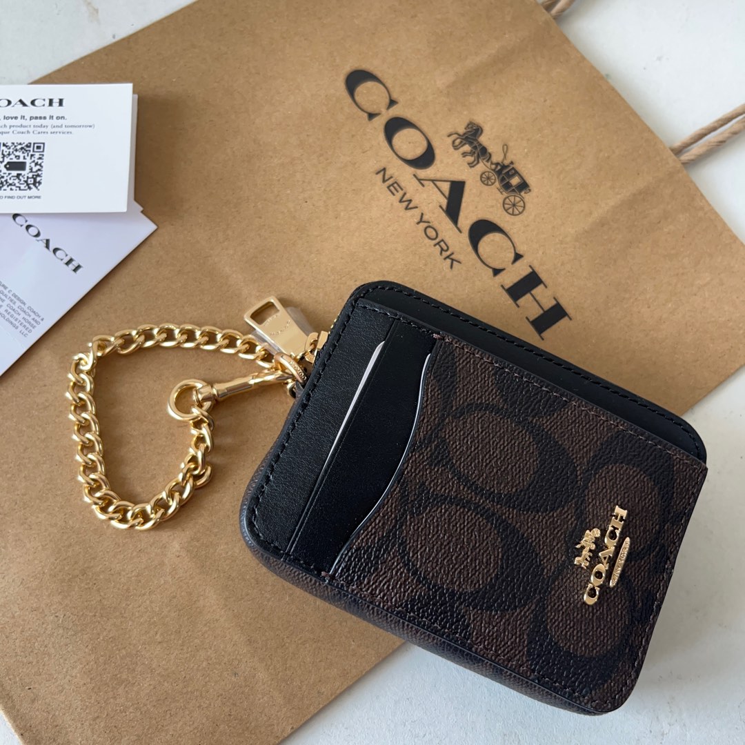 Coach Zip Card Wallet Case in Signature Canvas - Dark Brown, Luxury ...