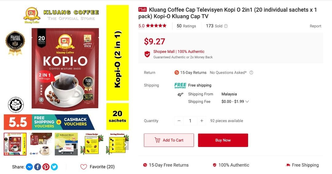 KOPI-O 2in1 Kluang Coffee - 20sachets, Food & Drinks, Beverages on ...