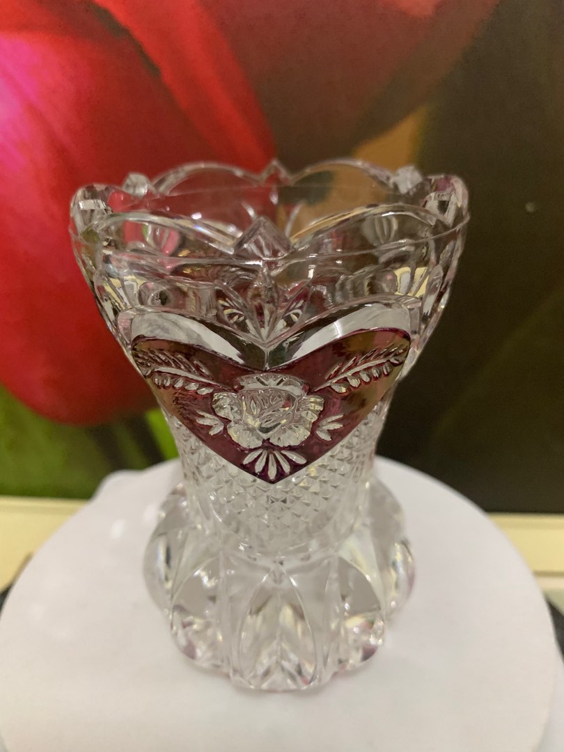 Vintage Hofbauer Crystal Cut 4” Bud Vase Ruby Red Flashed Heart Rose ...