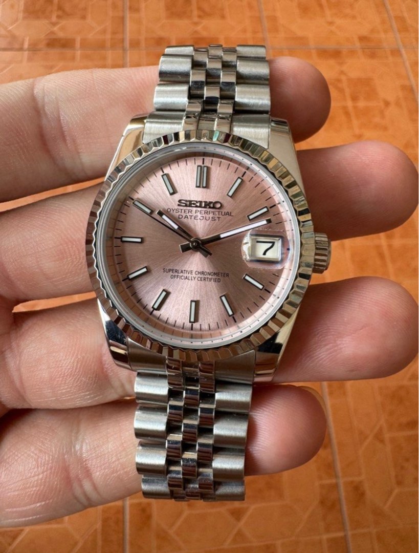 Custom seiko 36mm Pink Sunburst, Luxury, Watches on Carousell