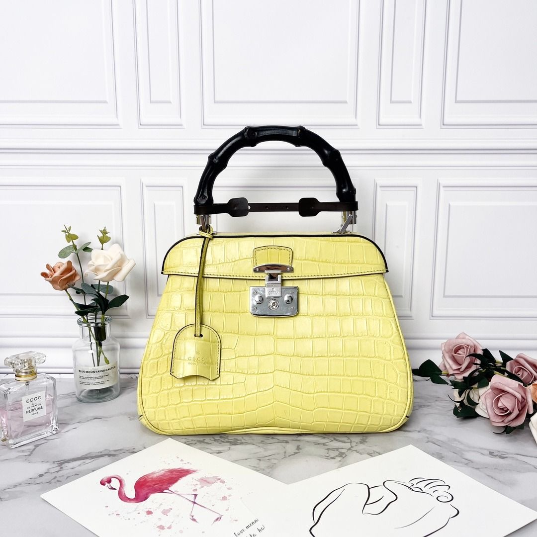 Gucci Lady Lock Bamboo Top Handle in Fluorescent Yellow Crocodile ...