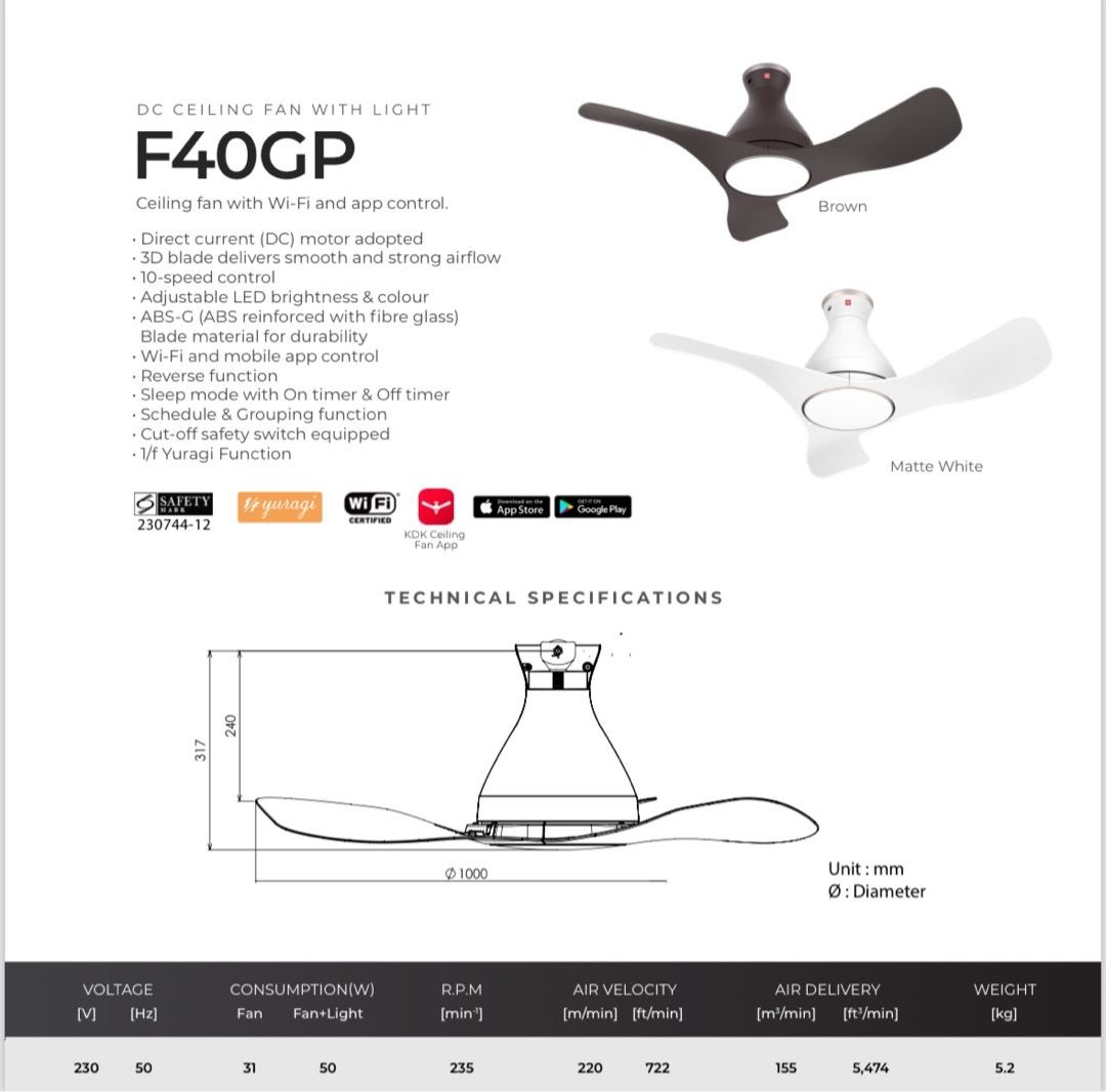 KDK F40GP [100cm] 3-Blades Wifi-Control DC Ceiling Fan with LED Light ...