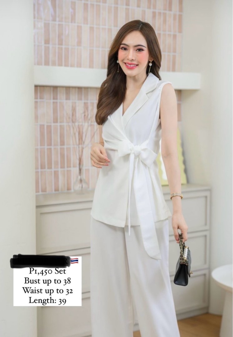 WHITE SLEEVELESS TIE TOP AND PANTS COORDS SET, Women's Fashion, Dresses ...