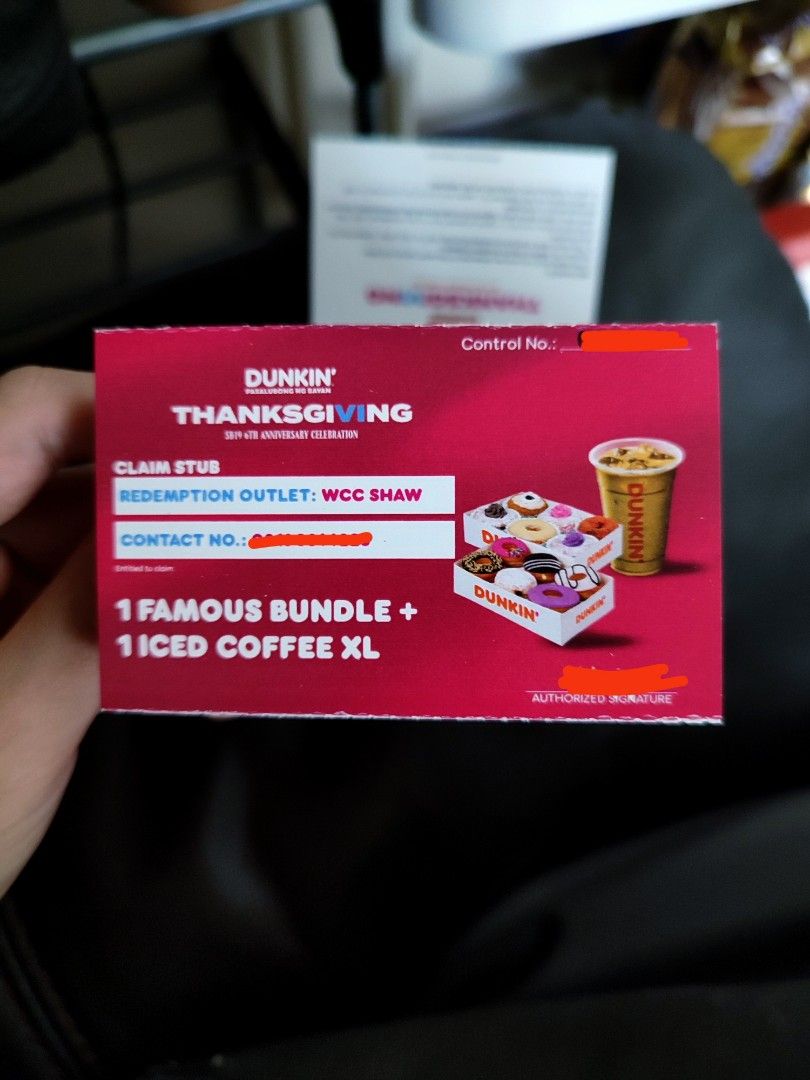 Dunkin Donuts Voucher Stub WCC Shaw Famous Bundle Assorted Munchkins ...