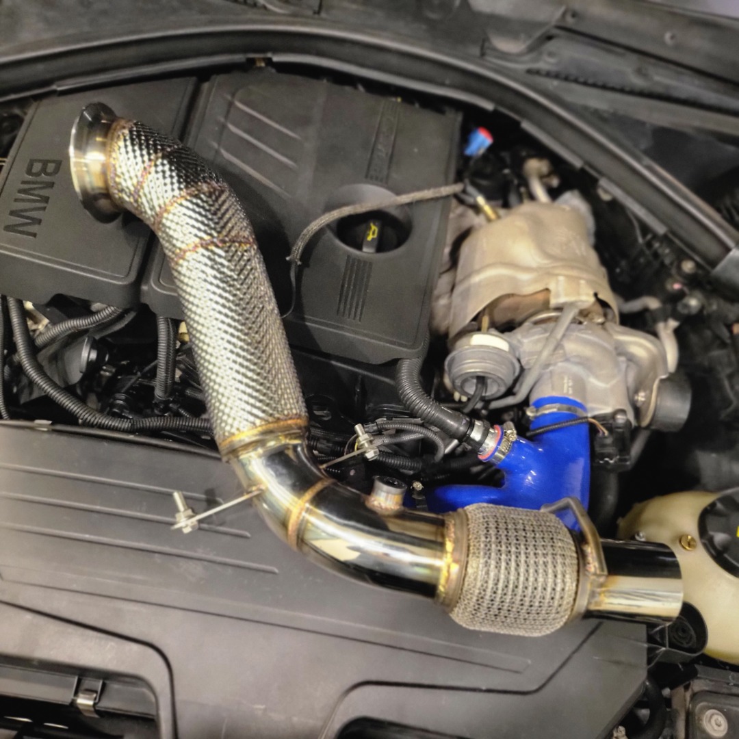 BMW F20 F30 N13 Catless Downpipe with heatshield - CNC manufacture with ...