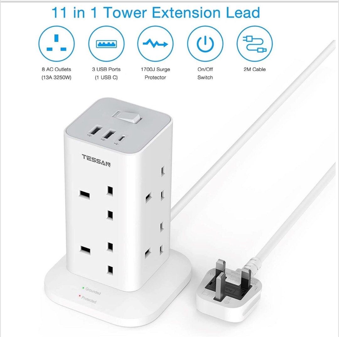 TESSAN Tower TPS03 8 Socket Plug AC Outlets Multi Plug Extension Socket ...