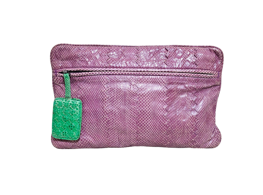 AUTHENTIC BOTTEGA VENETA AYERS SNAKE LEATHER DOUBLE ZIP CLUTCH BAG ...