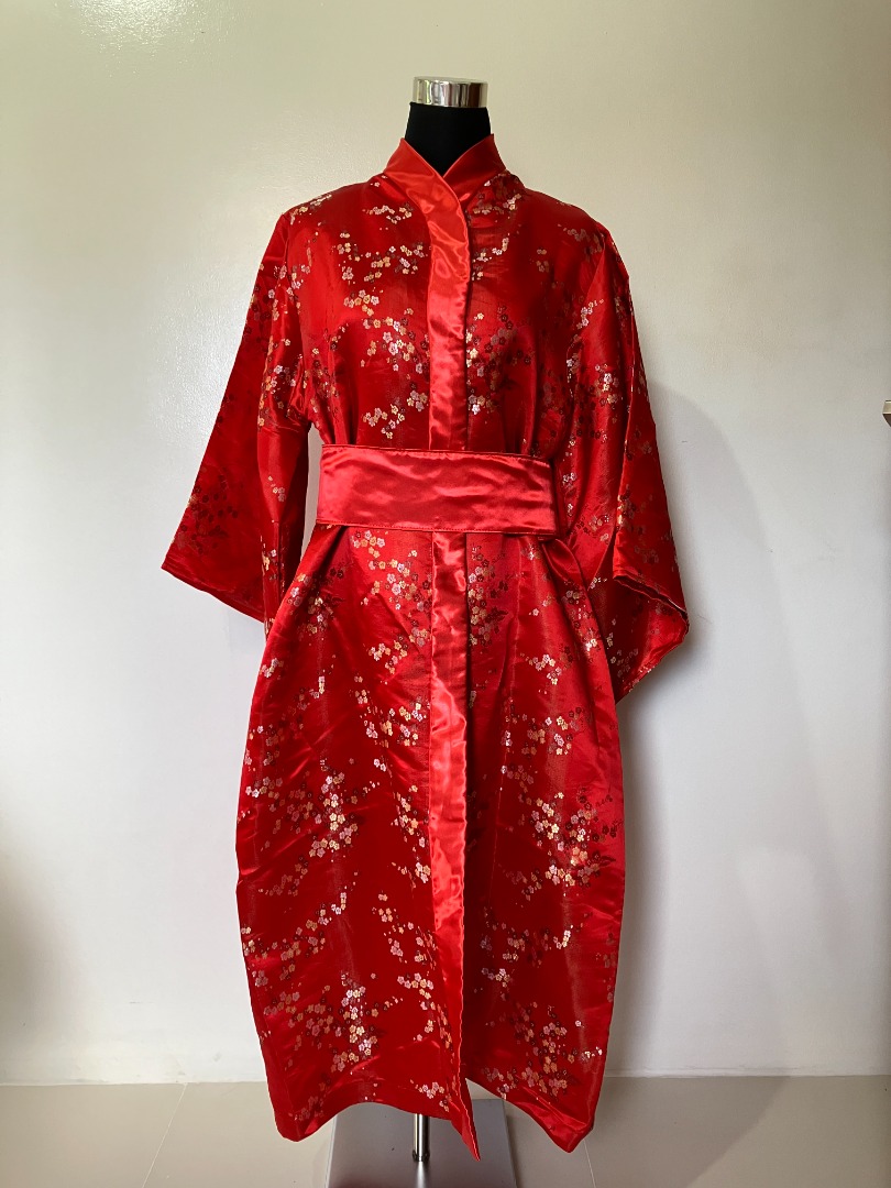 Custom Silk Kimono in Red with Ribbon Obi [Pre-loved], Women's Fashion ...