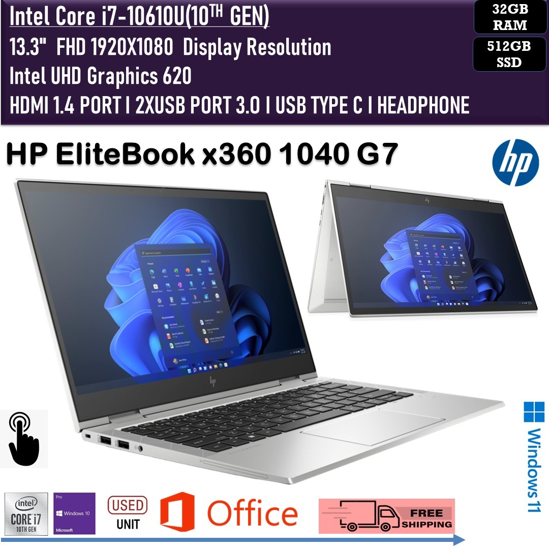 HP ELITEBOOK 1040 G7 X360 CORE I7-10TH GEN 32GB 512SSD. TOUCH SCREEN WINDOWS 11, Computers ...