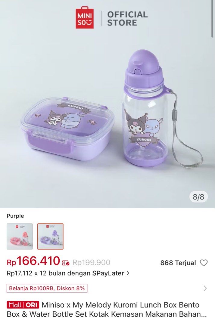 Miniso Sanrio Set Botol dan Kotak Makan, Bayi & Anak, Perawatan ...
