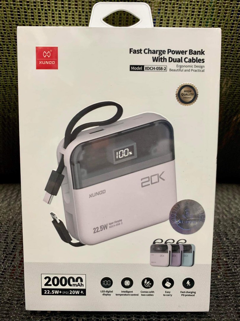 XUNDD 20000MAH FAST CHARGE POWER BANK WITH DUAL BUILT IN CABLES 22.5W ...