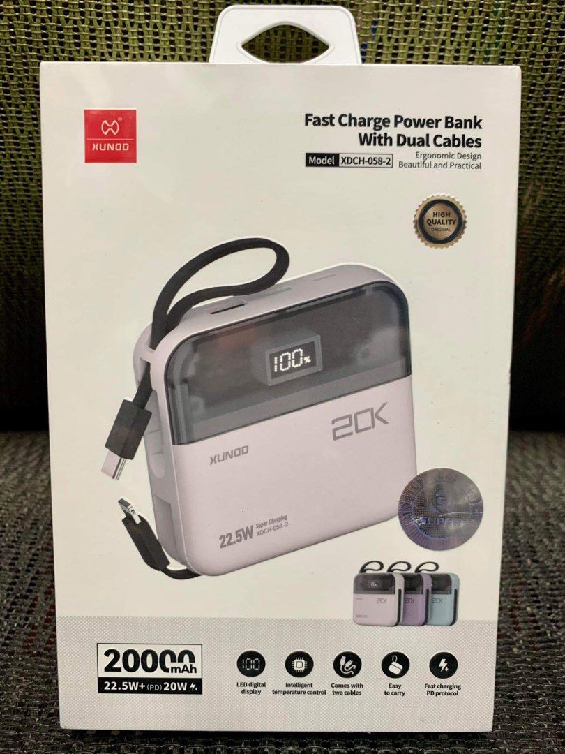 XUNDD 20000MAH FAST CHARGE POWER BANK WITH DUAL BUILT IN CABLES 22.5W ...