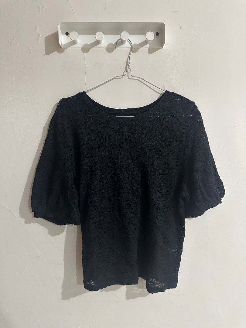 GU crochet top GU black top GU lace top knit top baju jaring net top puff sleeve balloon sleeve ...