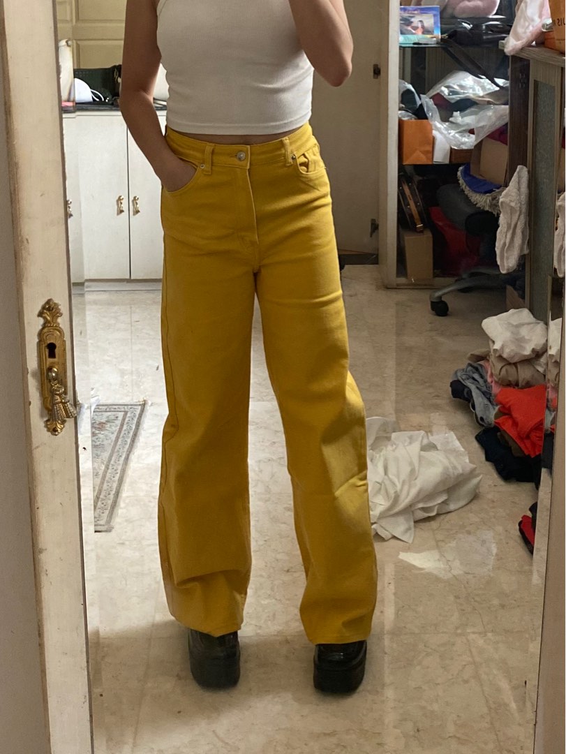 hnm yellow baggy jeans, Fesyen Wanita, Pakaian Wanita, Bawahan di Carousell
