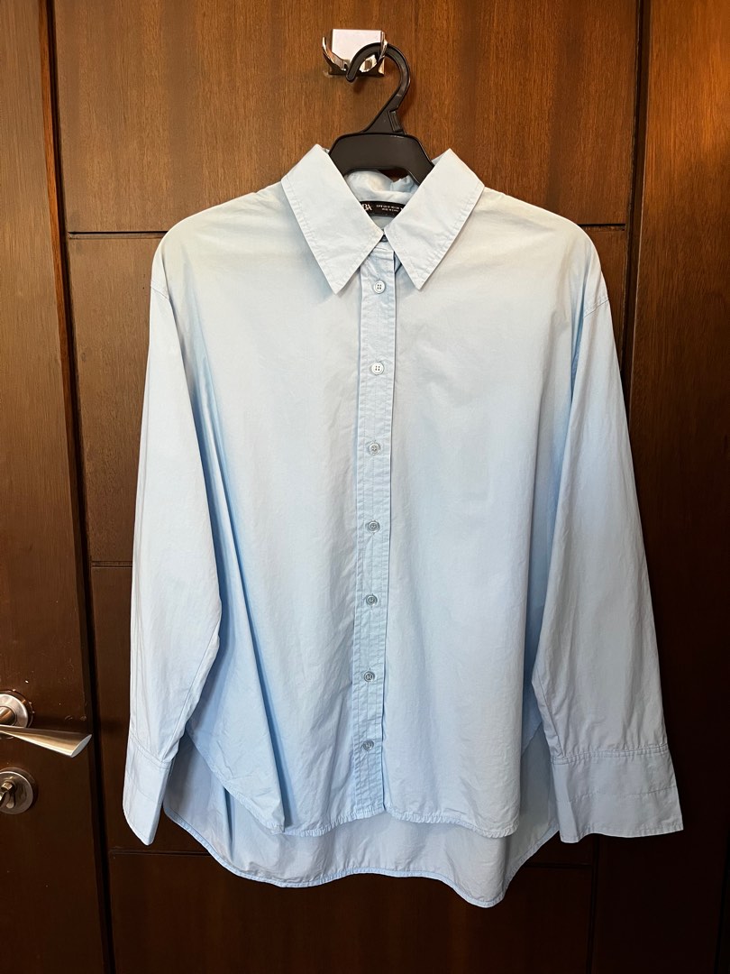 Zara sky blue button down shirt, Women's Fashion, Tops, Shirts on Carousell