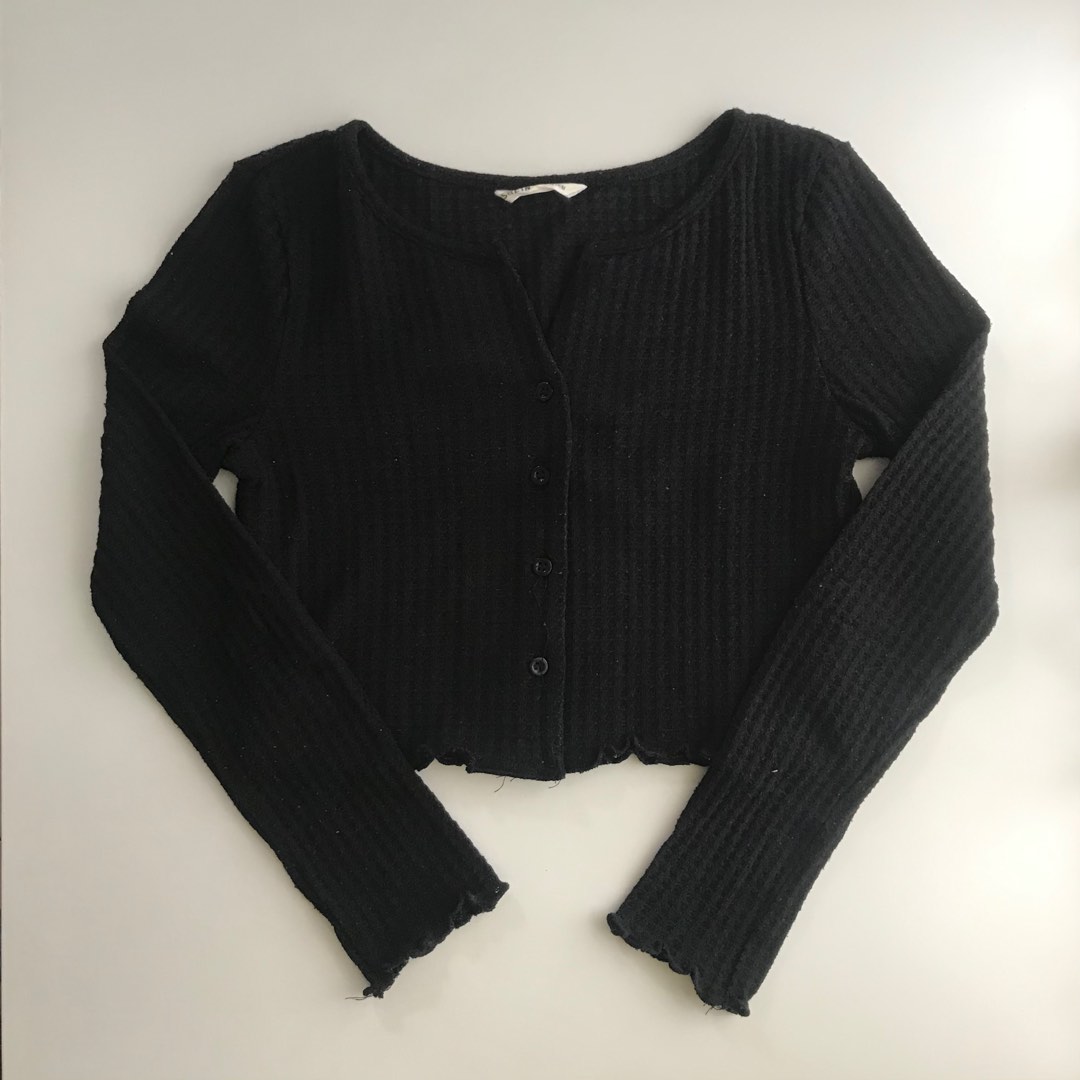Black Waffle Pattern Crop Cardigan, Women's Fashion, Tops, Longsleeves ...