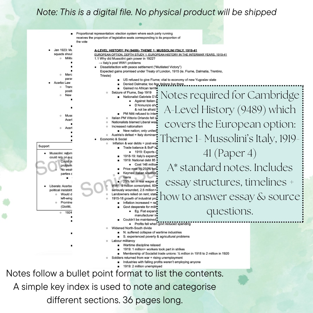 Cambridge A-Level History (9489) Paper 4: Mussolini's Italy, 1919-41 ...