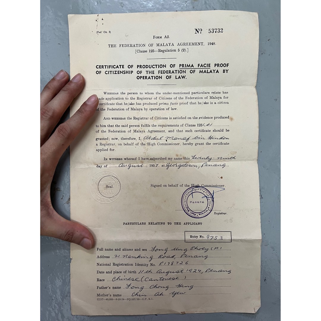 Certificate Proof of Citizenship of the federation of Malaya (with seal ...