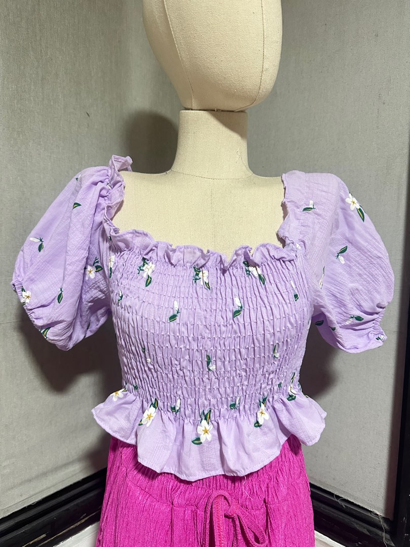 Premium BKK bangkok DEE brand lilac lavender purple dainty trendy smocked puff sleeves semi ...