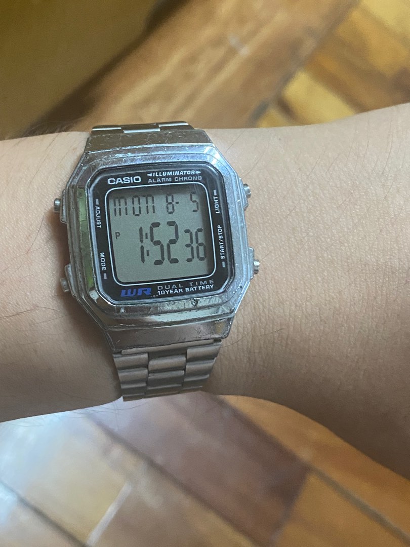 VINTAGE CASIO Big Digital Dual time Watch Silver tone metal band A178W 3234 ILLUMINATOR ...