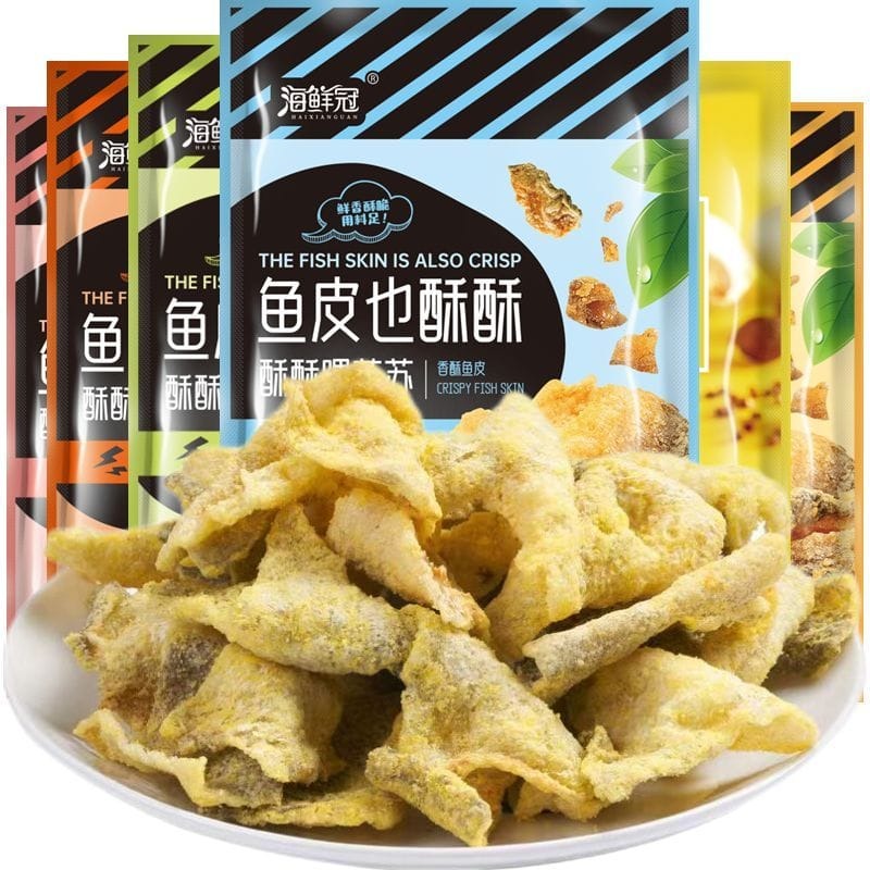 Fish skin rice crackers, crispy salted egg yolk, fish skin, spicy ...