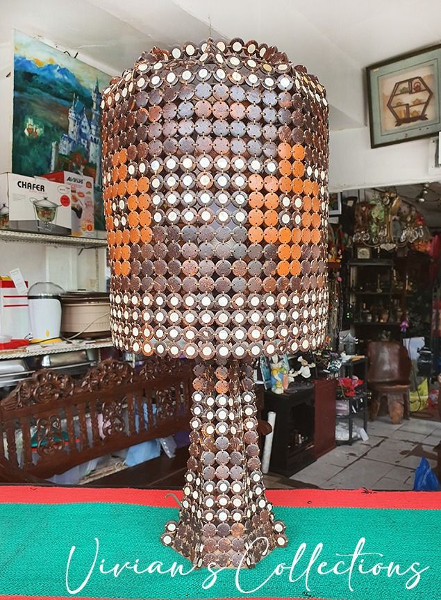 Vintage Wooden Lamp Shade Coconut Shell Mother of Pearl with Light Bulb ...