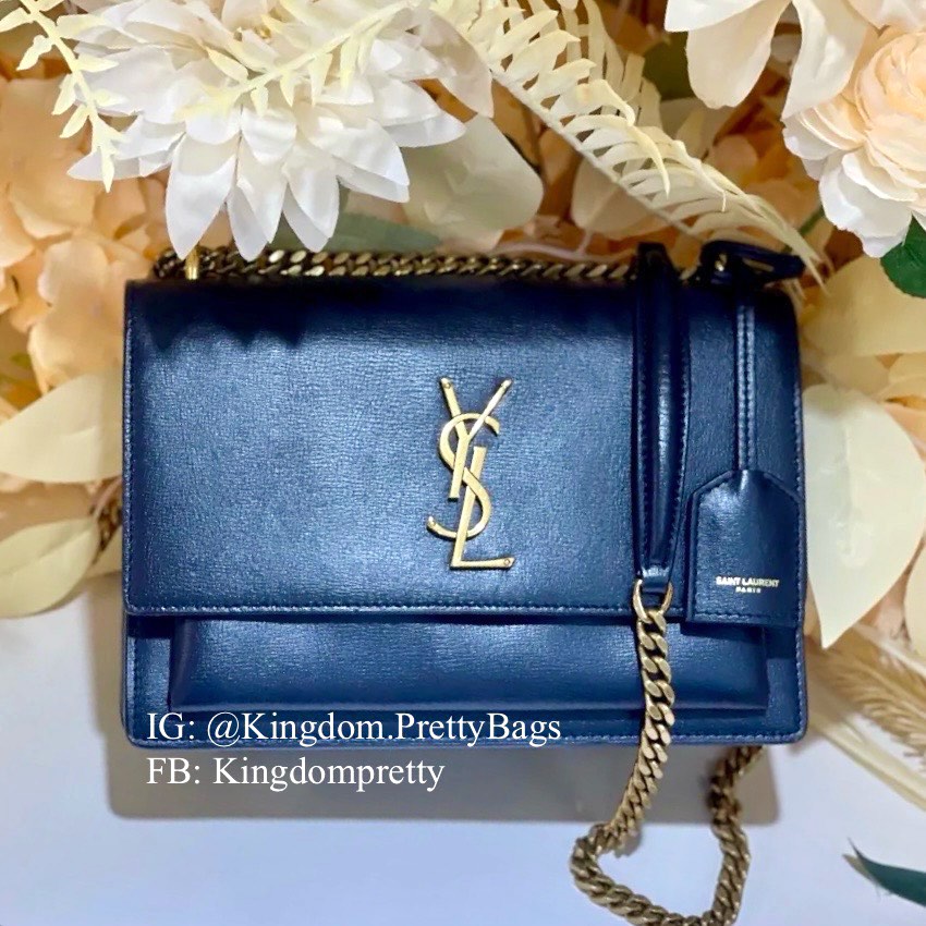 YSL Saint Laurent Sunset Medium Size Chain Flap Bag in Navy Gold ...