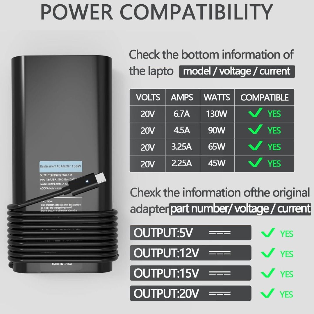 130W USB-C C 型替換適配器筆記型電腦充電器適用於戴爾宏碁華為 Macbook 三星任天堂，兼容設備 ggmckp 130W USB ...