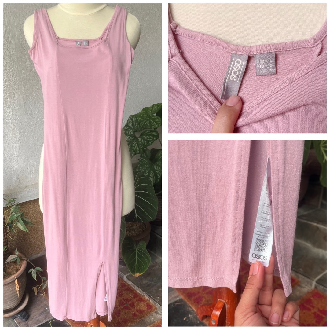 Asos Bodycon Dress Light Pink with Slit Square Neck, Women's Fashion ...