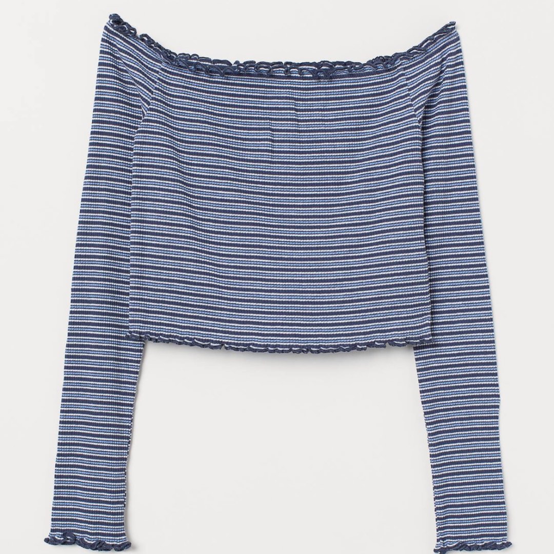 h&m striped off shoulder top navy blue atasan sabrina off-the-shoulder ...
