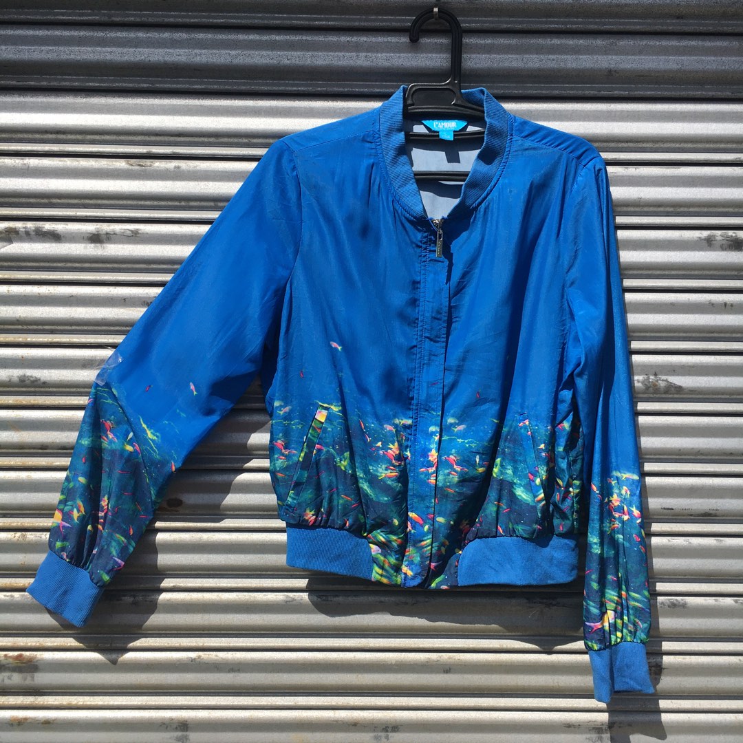 (Large) L'amour blue koi fish nylon windbreaker bomber jacket, Women's ...