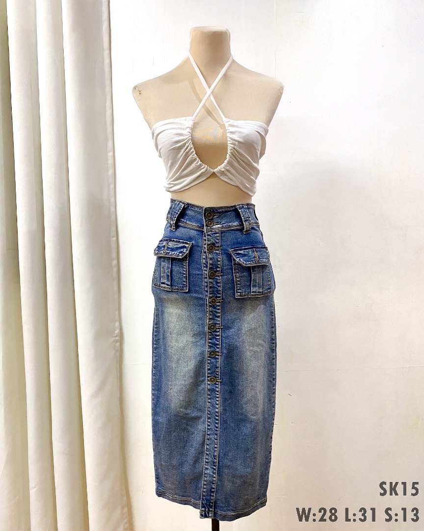 SK15 - W:28 - denim blue korean midi denim skirt, Women's Fashion, Bottoms, Skirts on Carousell
