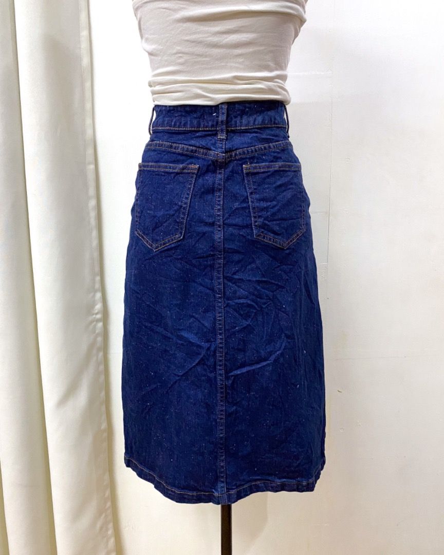 SK49 - W:26 - blue korean midi denim skirt, Women's Fashion, Bottoms ...