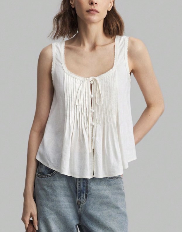 Linen Baby Doll Bow Top, Women's Fashion, Tops, Sleeveless on Carousell