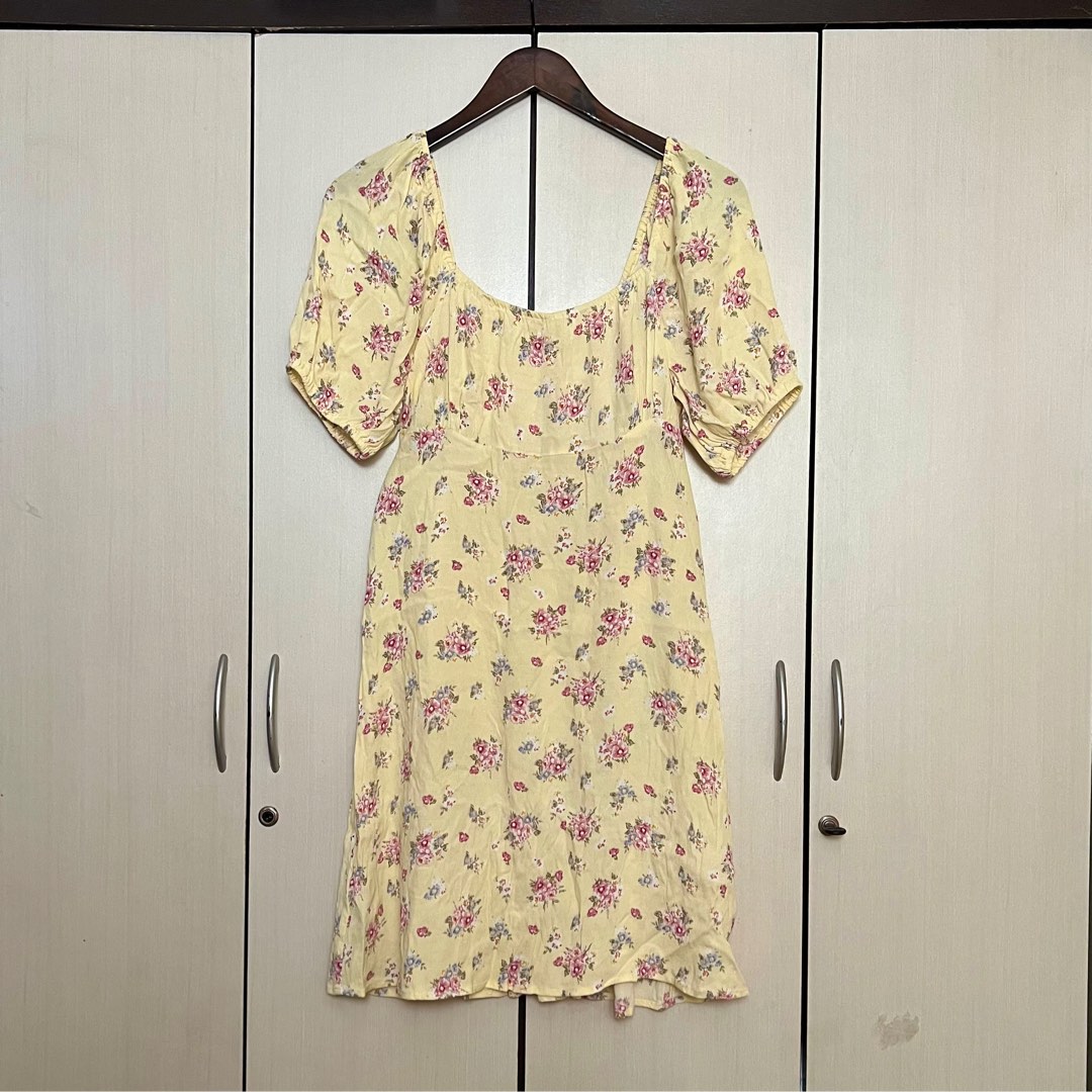Mango MNG Pastel Yellow Floral Coquette Puff Dress, Women's Fashion ...