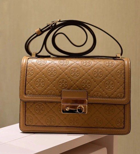 Authentic Tory Burch T monogram message bag in brown, Luxury, Bags ...