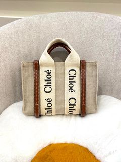 CHLOE MINI WOODY TOTE BAG IN LINEN CANVAS WITH CALFSKIN LEATHER, Luxury ...