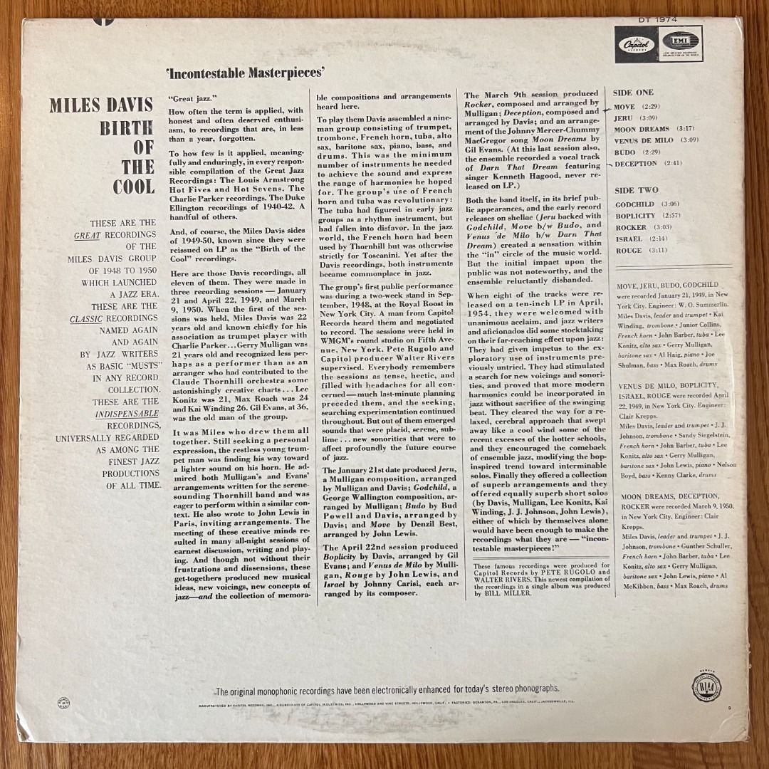 Miles Davis – Birth Of The Cool Vinyl (US 1969), Hobbies & Toys, Music ...